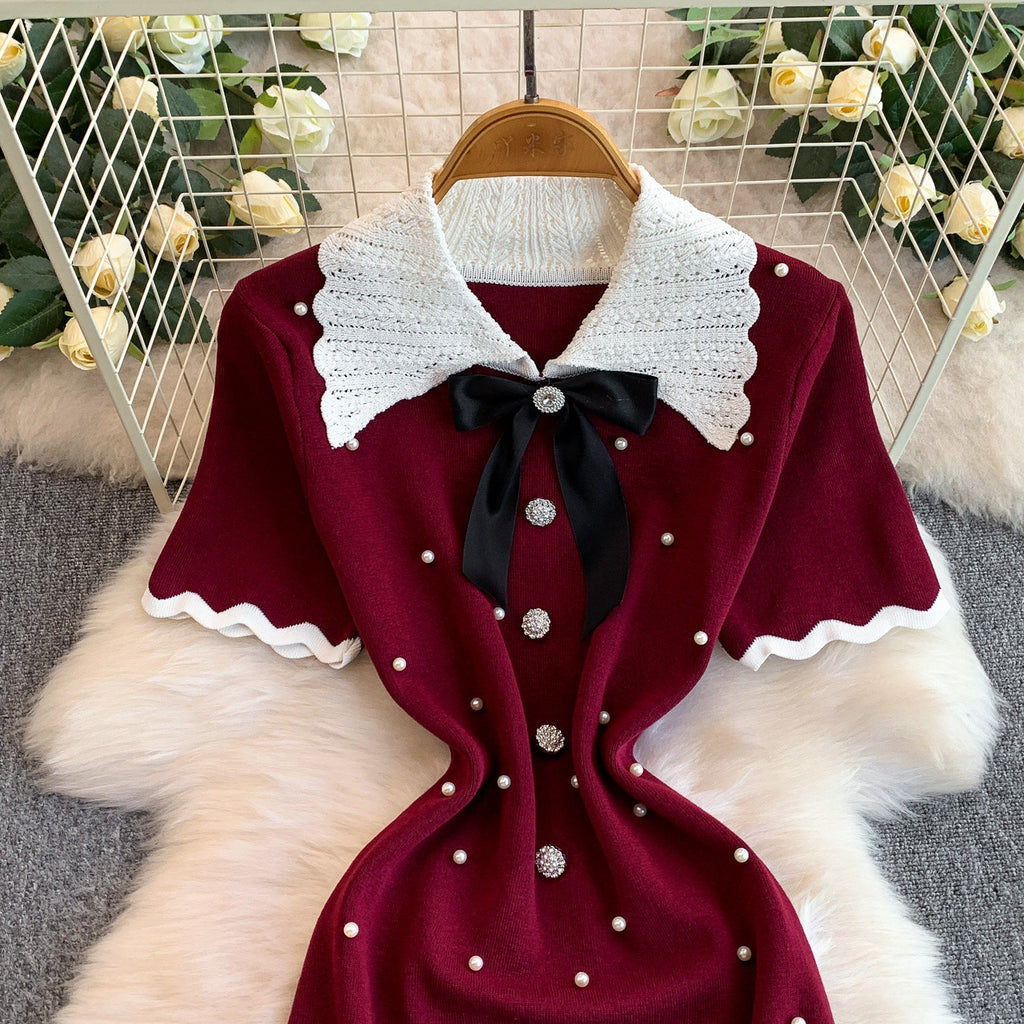 Rochie tricotata Arissa cu perle, fundita si guler lat – Anasofia