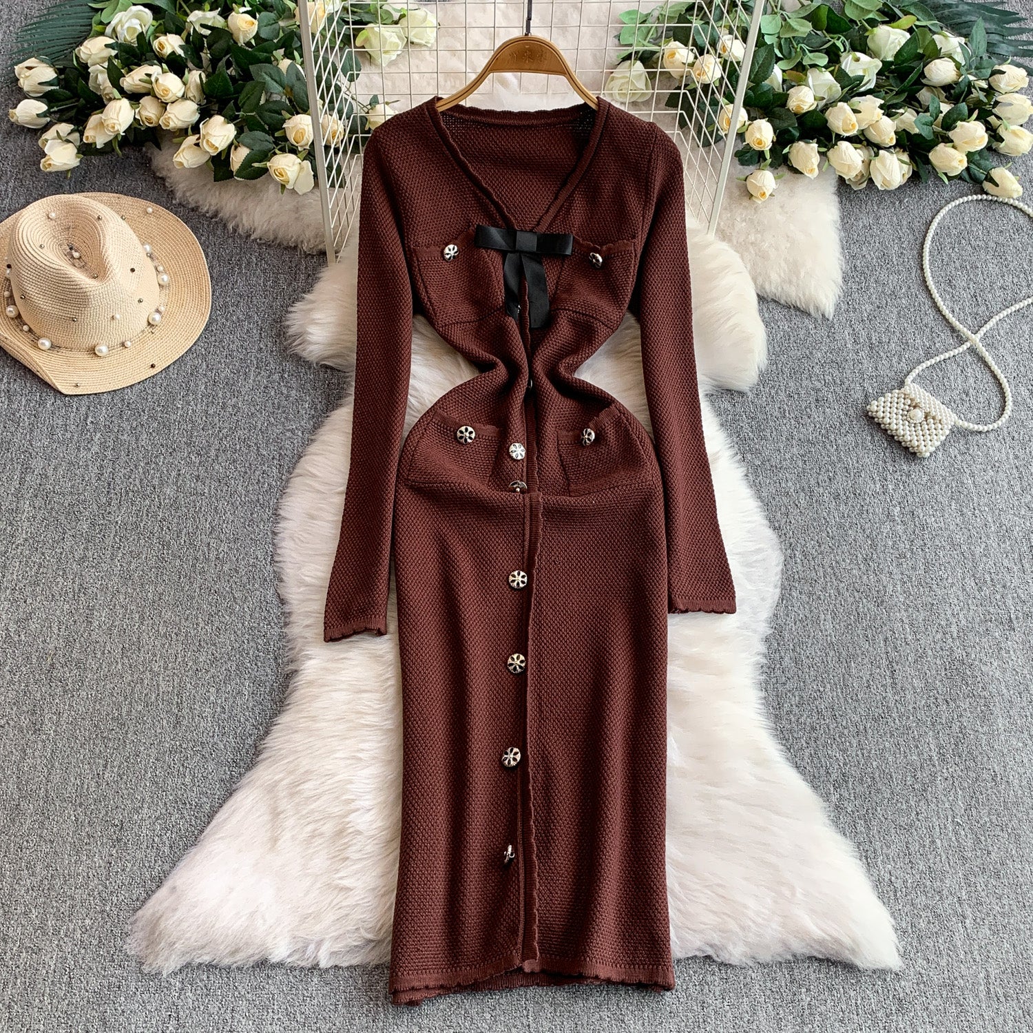 Rochie Jammia din tricot cu decolteu in V decorat cu funda – Anasofia